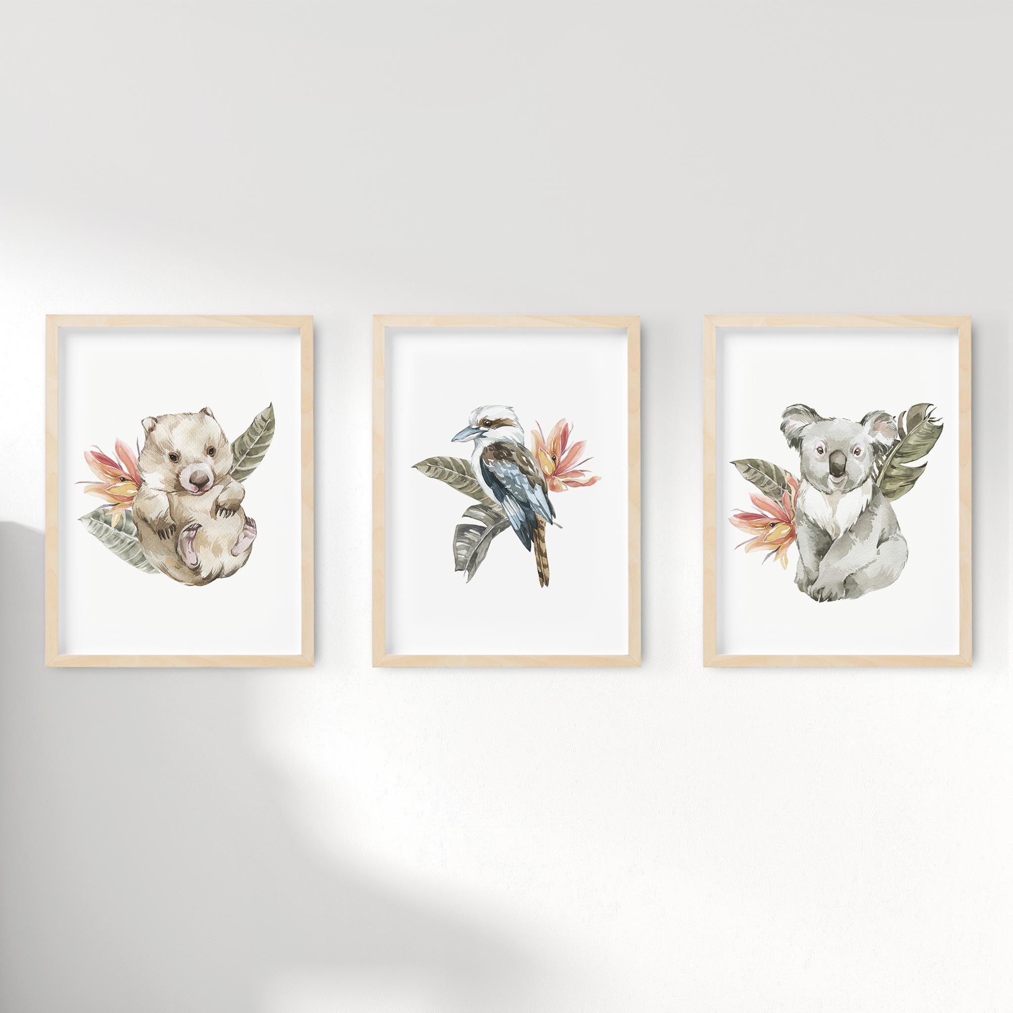 Australian Native Animals Nursery Prints (Wombat, Kookaburra & Koala ...