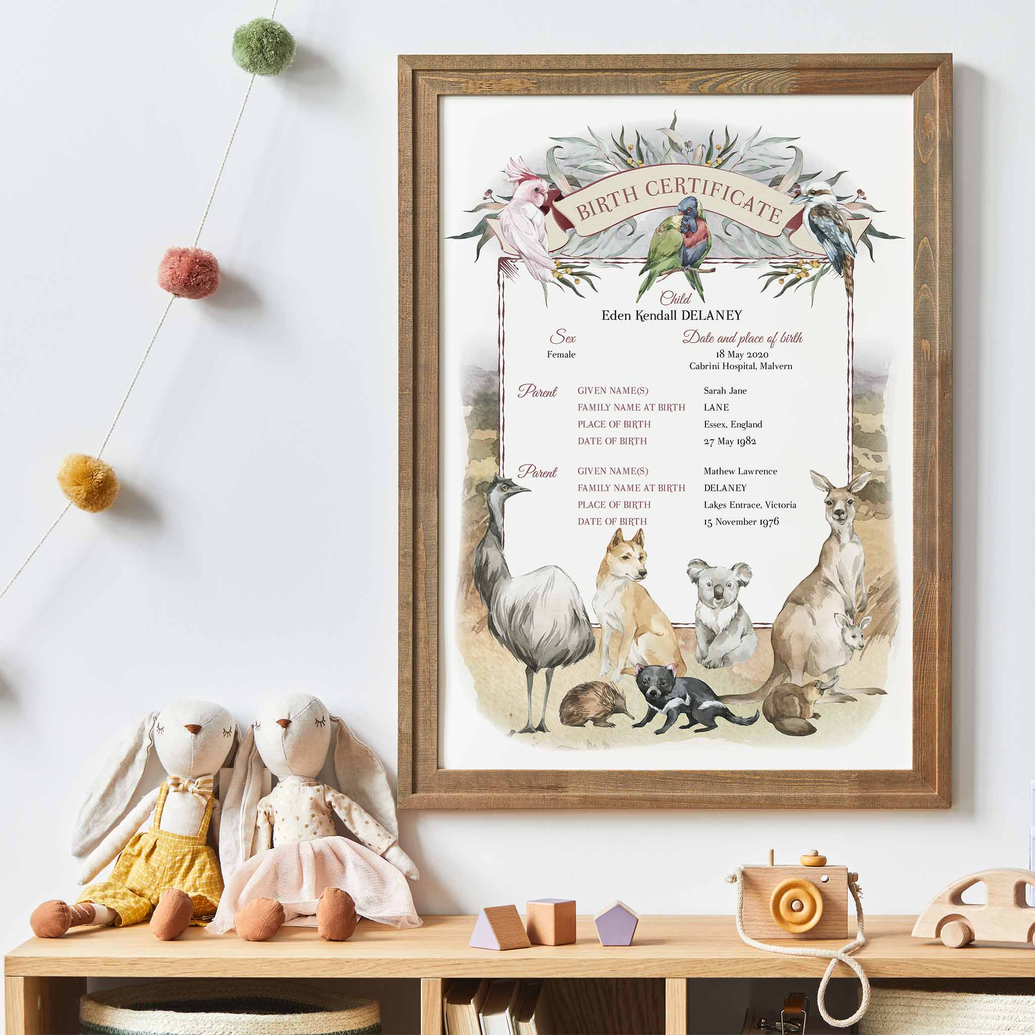 Australian Native Animals Personalised Birth Certificate Print – Sticky ...