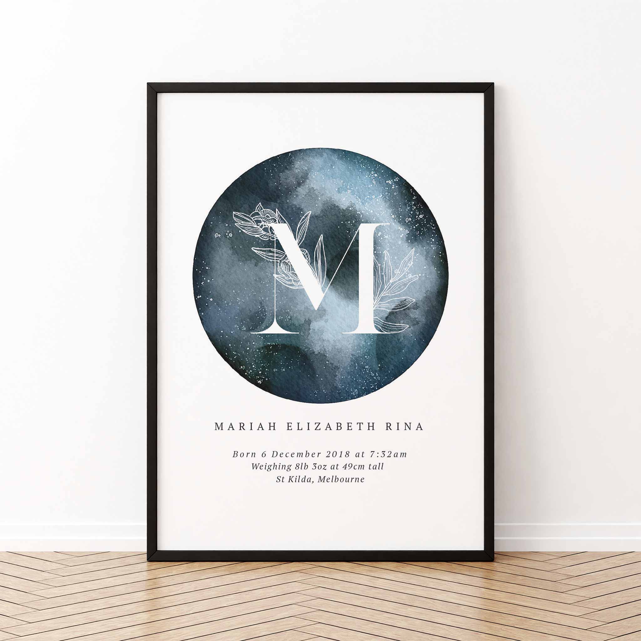 Blue Moon Monogram Personalised Birth Print – Sticky Bee Studio
