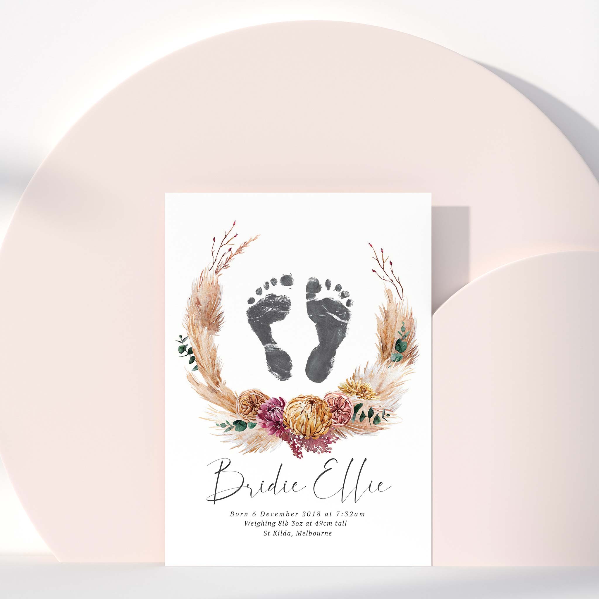Floral Boho Baby Girl Personalised Keepsake Footprints Birth Print ...