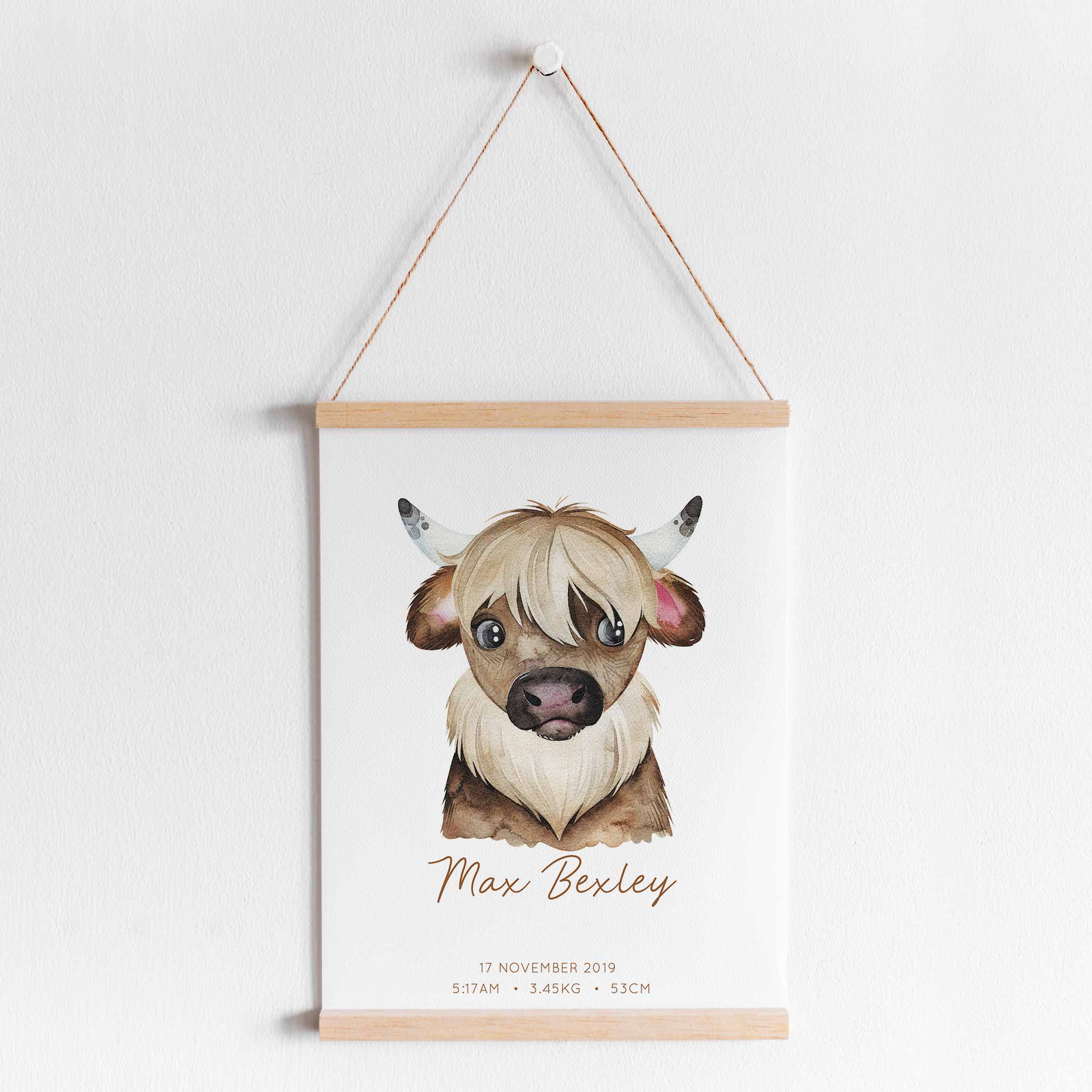 Watercolour Yak Nursery Personalised Birth Print – Sticky Bee Studio